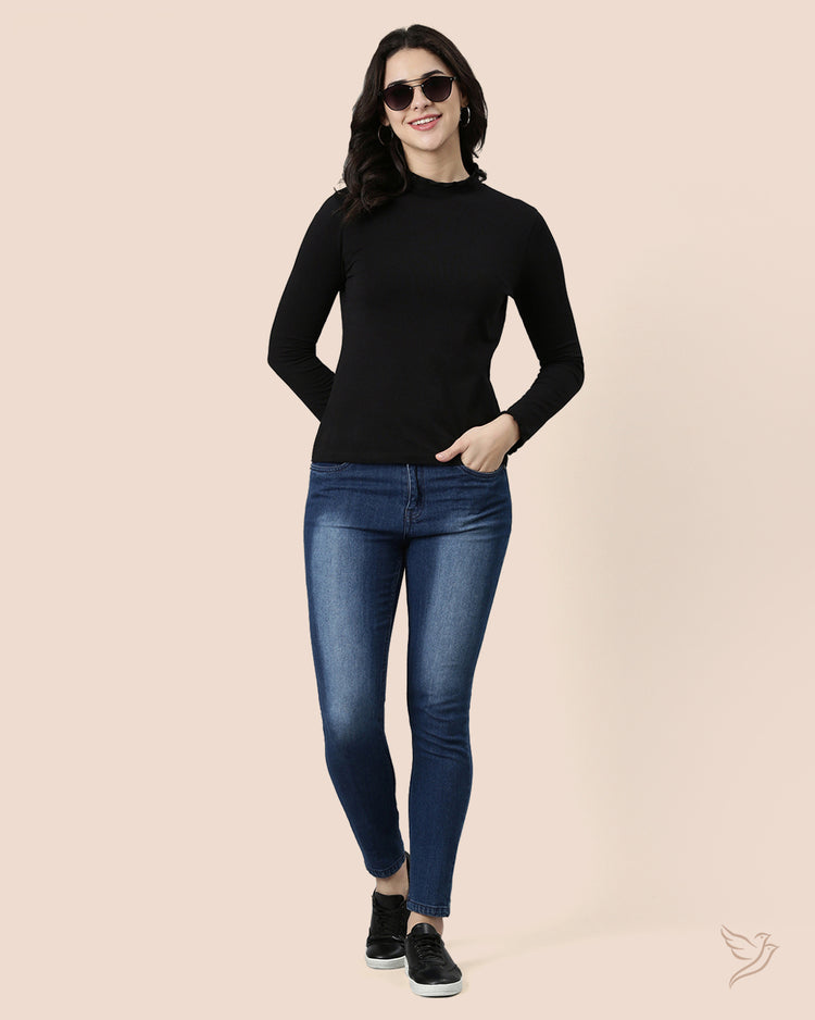 Buy Black Stylish High Neck Frill Tee Online
